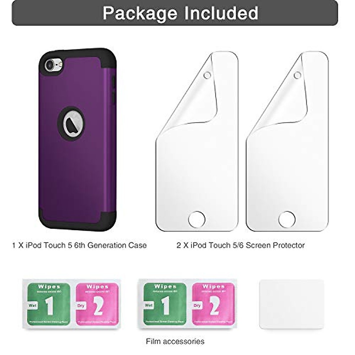 iPod Touch 7th Generation Case with 2 Screen Protector, IDweel Heavy Duty High Impact Shockproof Case Cover Protective Case for iPod Touch 5/6/7th Generation, Deep Purple+Black