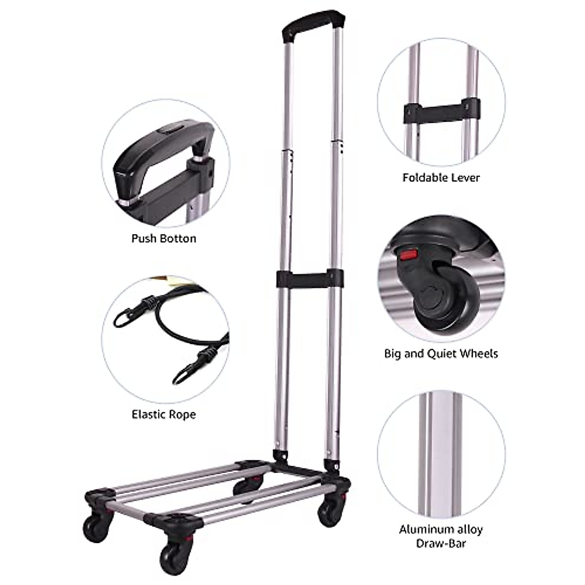 Folding Luggage Cart with 110 Lbs Capacity，Fanwoli 4 Wheels Hand Truck Compact Lightweight，Portable Dolly for Travel,Luggage,Moving, Shopping and Office Use