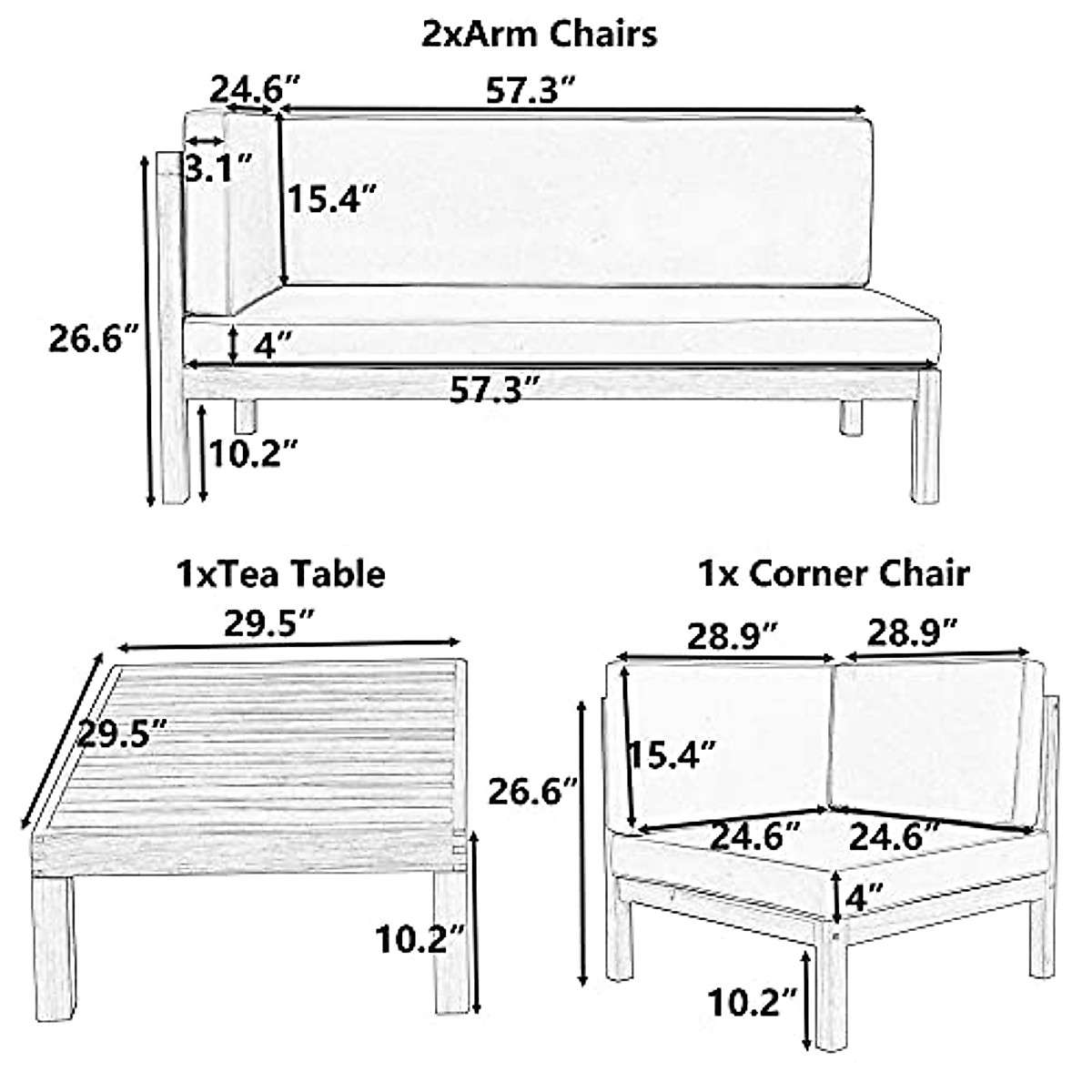 Merax Patio Furniture Sets 4 Pieces, Outdoor Solid Wood Sectional Sofa with Soft Cushions & Coffee Table, Grey