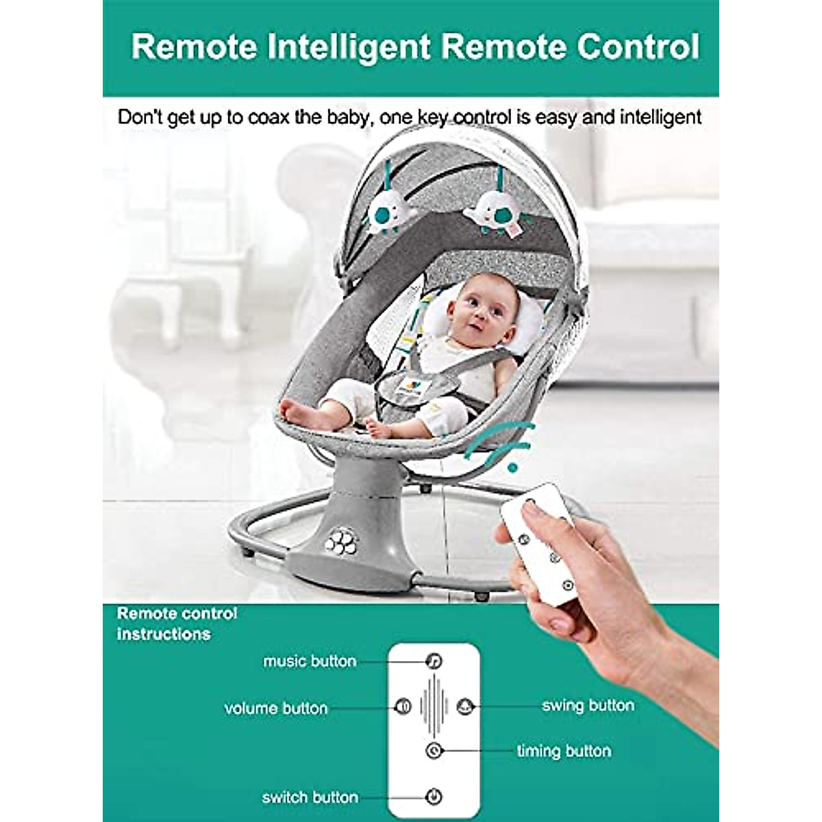 Baby Bouncer Baby Cradle Portable Swing Infant Motorized Adjustable Rocker with Bluetooth Music Speaker and 5 Swaying Gears Preset Lullabies and Smooth Remote Control (Grey)