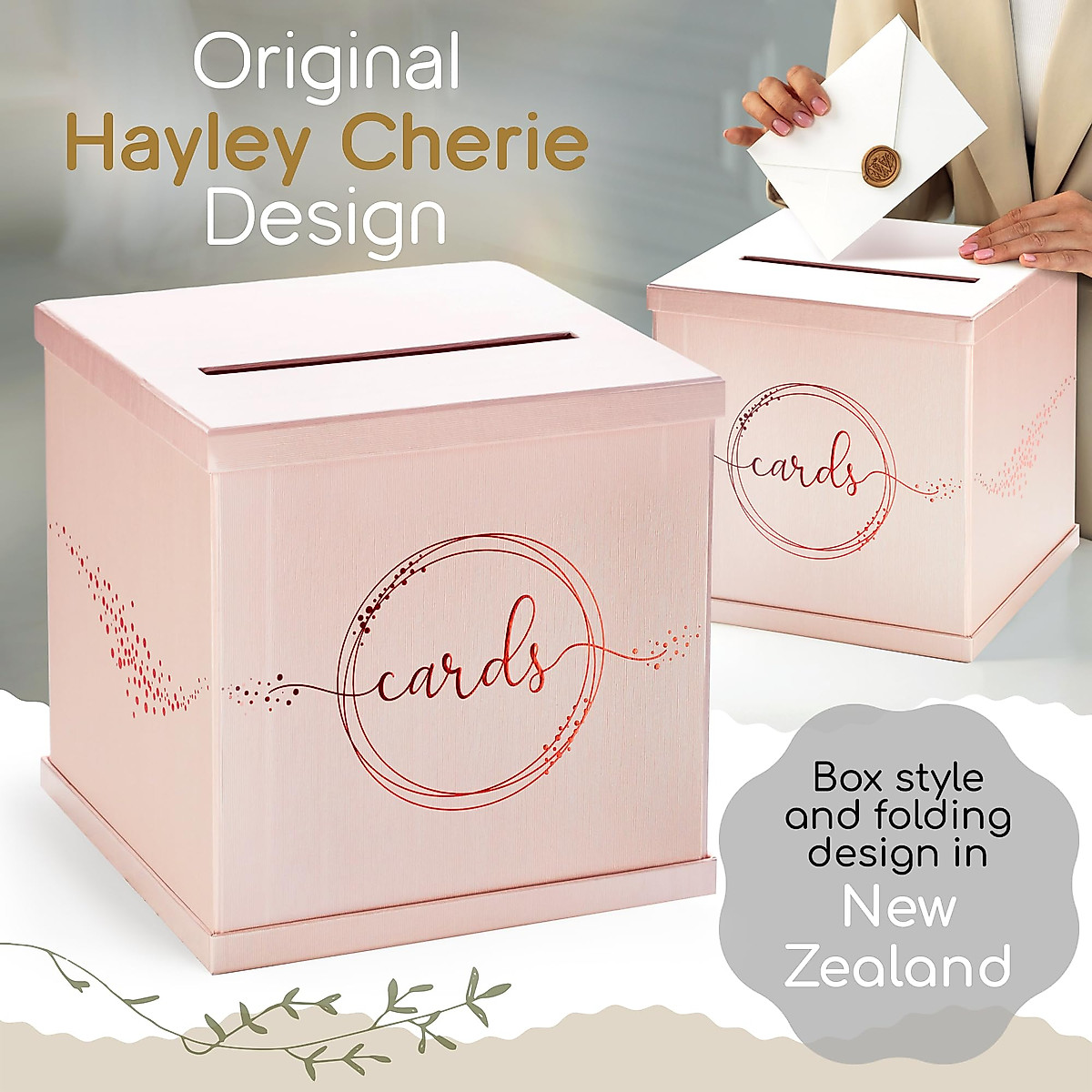 Hayley Cherie - Pink Gift Card Box with Rose Gold Foil Design- Textured Finish - Large Size 10" x 10" - For Wedding Receptions, Baby & Bridal Showers, Sweet 16, Birthdays, 21st Parties, Money