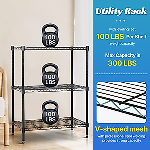 3 Tier Steel Wire Shelving,Adjustable Utility Metal Shelves for Storage,Storage Shelves Heavy Duty with Leveling Feet for Kitchen,Garage,Pantry,Clothset,100ps Per Shelf，Black,(23 x 13.2 x 30.2 inches)