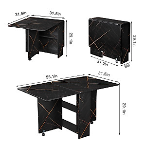 VANSPACE Folding Dining Table Drop Leaf Kitchen Table with Storage for Small Spaces Multifunction Space Saving Table Extension Dinner Table Black Marble