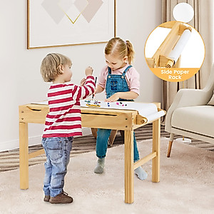 HONEY JOY Kids Table, 2 in 1 Toddler Wooden Activity Table with Paper Roll, Convertible Building Block Tabletop, 3 Storage Compartments, Children Furniture Set for Daycare, Playroom, Natural