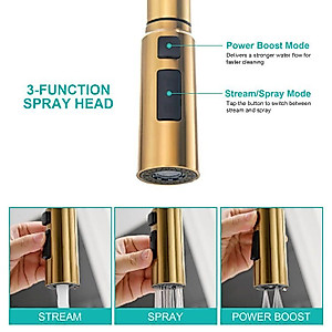 FROPO Brushed Gold Kitchen Faucet, Single Handle Gold Kitchen Sink Faucet with Pull Down Sprayer Modern Stainless Steel Brass Gold Faucet with Deck Plate 3-Function Spray Head 1 or 3 Hole