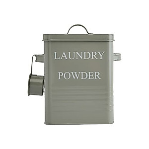 Bloomingville Farmhouse Metal Container with "Laundry Powder" Message, Lid, and Scoop, Grey
