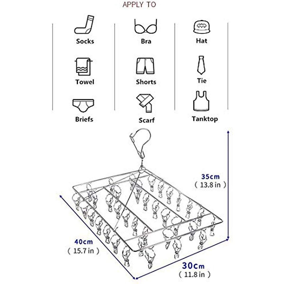 Stainless Steel Sock Drying Rack with 36 Clips, Swivel Hook Wind-Proof Clothes Hanger Rack for Sock, Bras, Underwear, Laundry Accessories