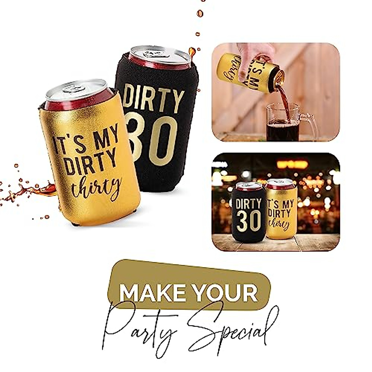 Dirty Thirty Decorations, 30th Birthday Can Coolers and 1 METALLIC Gold"It's My Dirty 30" Cooler, Set of 12, Black and Gold 30th Birthday Can Cooler, Perfect for Birthday Parties,Birthday Decorations!