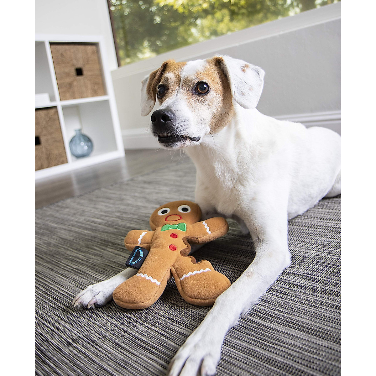 goDog Christmas Gingerbread Man Squeaky Plush Dog Toy, Chew Guard Technology - Brown, Large