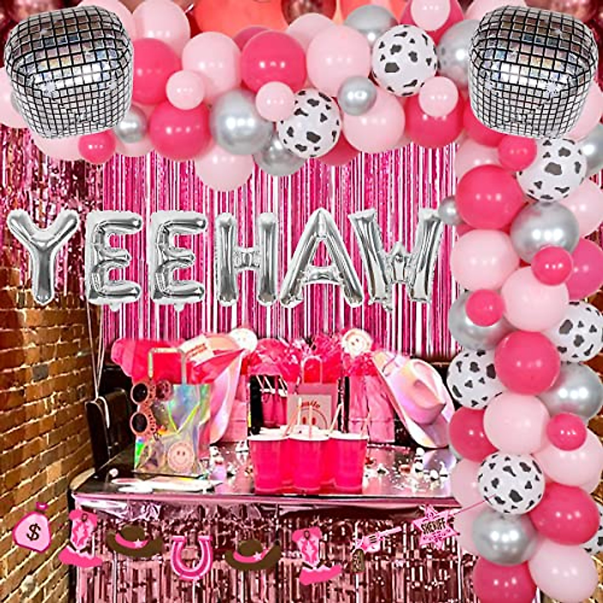 Western Cowgirl Party Decorations YEEHAW Bachelorette Balloon Garland Kit Nashville Bachelorette Party Supplies Disco Cowgirl Banner Rose Red Tinsel Disco Balloon for Women