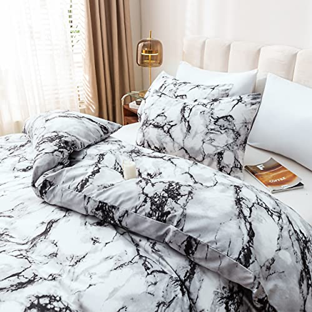 Smoofy Queen Marble White Comforter Set, White Marble Pattern Printed Soft Fabric with Brushed Microfiber Full Bed Sheets Fill Bedding Sets(1 Comforter, 2 Pillowcases)