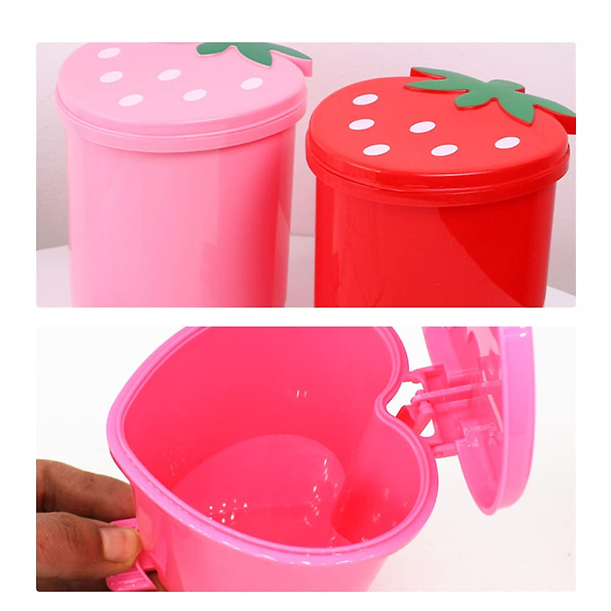 NUOBESTY Strawberry Trash Can Desk Trash Can with Lid Plastic Mini Garbage Can for Desktop Kitchen(Pink)
