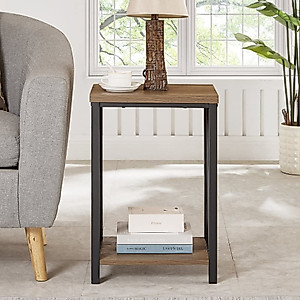 FOLUBAN Side Table with Storage Shelf, Rustic End Table for Living Room, Wood and Metal Nightstand for Bedroom, Oak