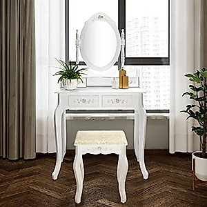 IRDFWH Dressing Table Concise 4-Drawer 360-Degree Rotation Removable Dresser White with Dressing Table Stool