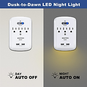 BESTTEN [3 Pack] USB Wall Outlet Surge Protector, 2.4A Dual USB Ports, 3 AC Outlets, 900 Joule Surge Suppression Rating, LED Night Light, ETL Listed