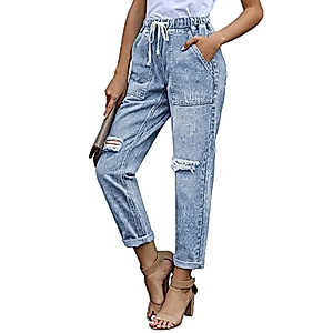 Metietila Women’s Casual Pull-on Distressed Stretch Jeans Elastic Waist Jean Light Indigo Denim Joggers Pants for Women XX-Large