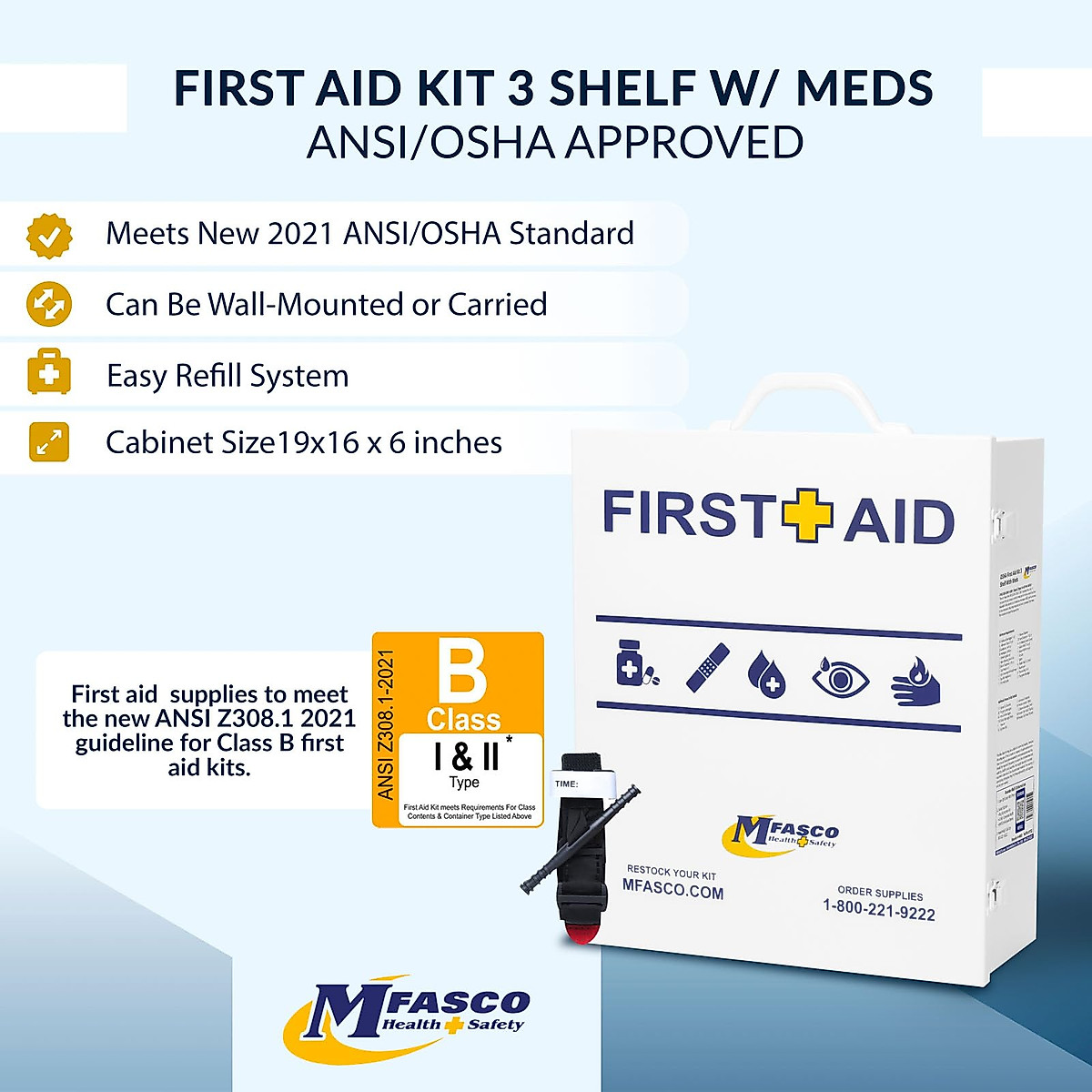 MFASCO 2021 ANSI/OSHA Compliant First Aid Kit - Large, Commercial 3-Shelf Metal Cabinet for Businesses, Wall Mountable - with Medications - ANSI Standard 2021 First Aid Kits, Class B Fill