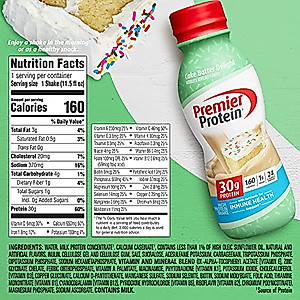 Premier Protein Shake, Cake Batter, 30g Protein, 1g Sugar, 24 Vitamins & Minerals, Nutrients to Support Immune Health, 11.5 Fl Oz, 12 Count