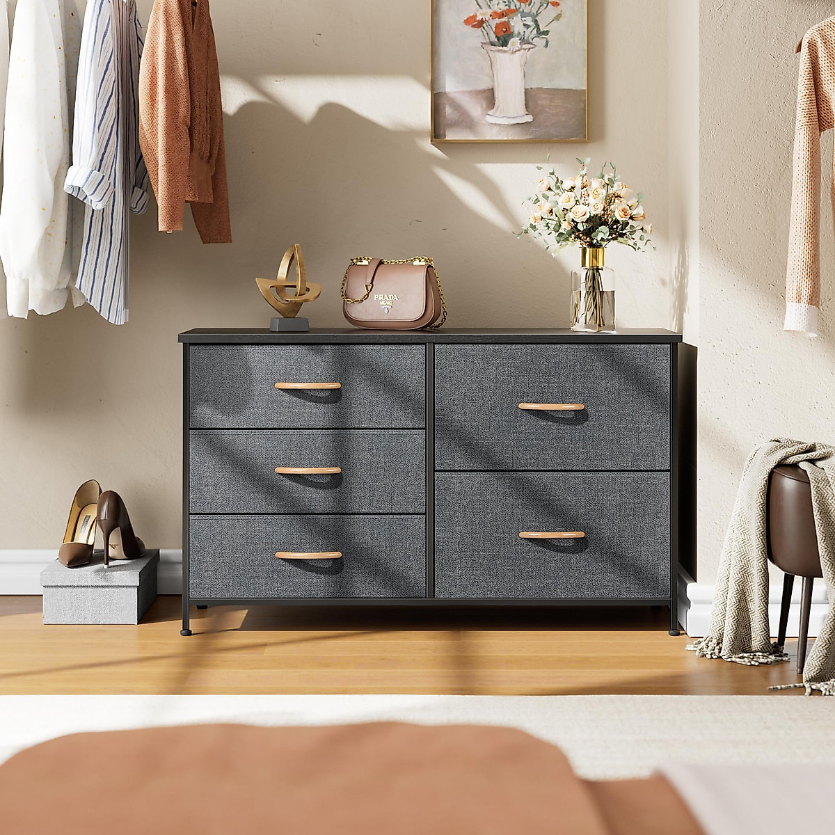 Nicehill Dresser for Bedroom with 5 Drawers, Storage Drawer Organizer, Wide Chest of Drawers for Closet, Clothes, Kids, Baby, TV Stand with Storage Drawers, Wood Board, Fabric Drawers(Black Grey)