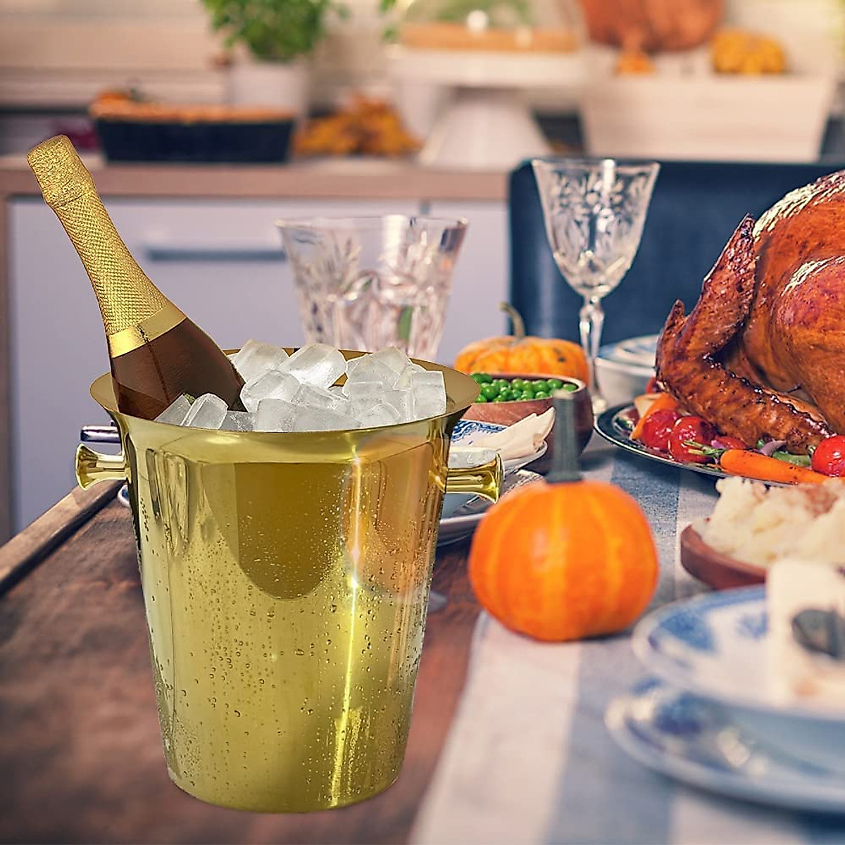 Ice Bucket with Stand 201 Stainless Steel Ice Bucket Standing Hammered 13Lbs Gold Ice Bucket with Carrying Handle for Wine Champagne Beer KTV Clubs Bar Parties (Total Height: 91cm,5L)