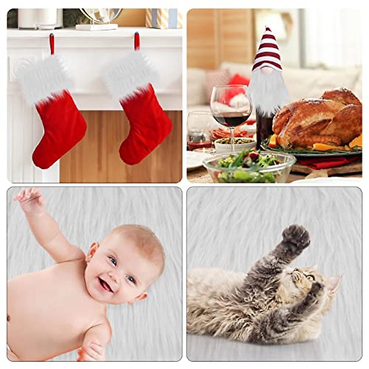 Plush Faux Fur Fabric, 2 Pieces Faux Fur Squares - Shaggy White Fur Fabric Cuts for Gnomes Beard Hair Decoration, Cosplay, Costume Rugs Mats (White, 10x10 inch)