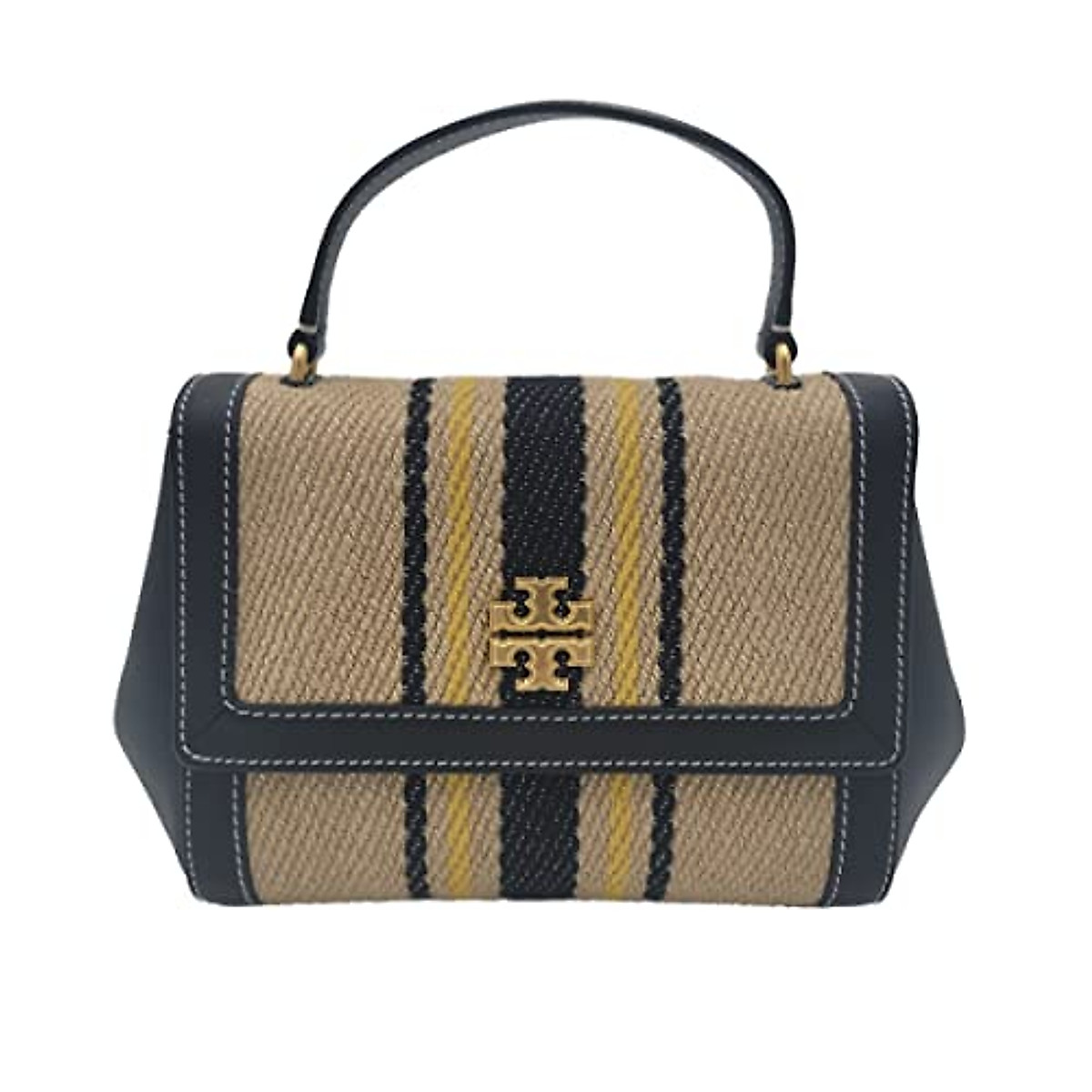 Tory Burch 136228 Juliette French Linen Natural Tan Khaki/Black With Gold Hardware Women's Top Handle Satchel Bag