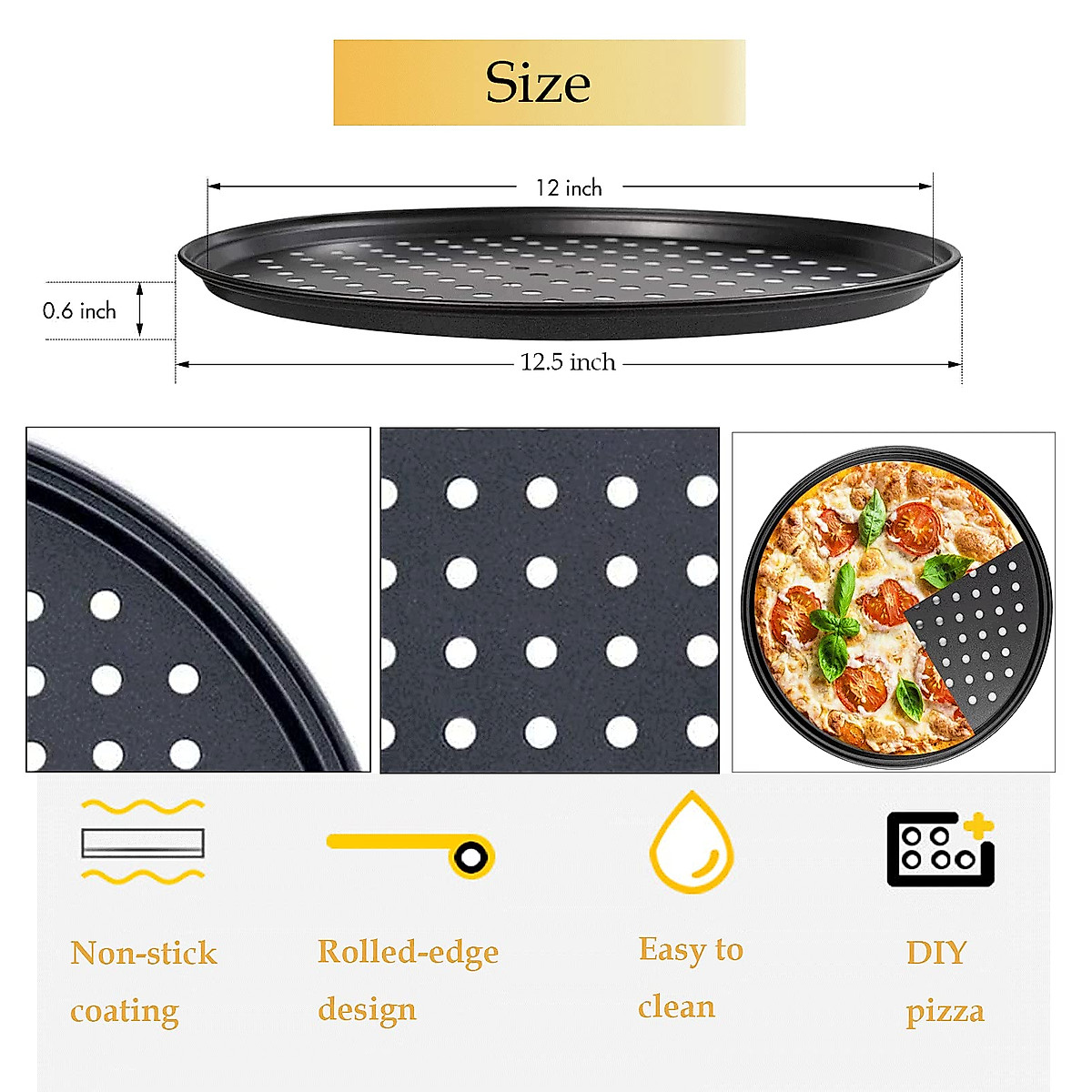 Lemengtree Pizza Pans,Baking Tray Perforated Pizza Plate Nonstick Carbon Steel Pizza Pan, Pizza Tray Round with Holes for Oven (2pc-12.5 inch with Holes)