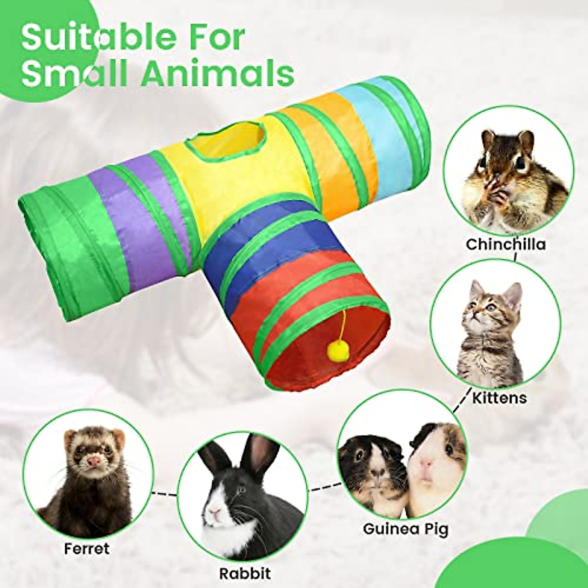 Bunny Tunnels Tubes, FODIENS 3 Way Collapsible Rabbit Guinea Pig Tunnel Hideout, Interactive Small Animal Activity Toys for Dwarf Rabbit Guinea Pig Chinchilla Ferret Hamster Kittens