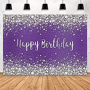 Aperturee 7x5ft Glitter Purple Diamonds Happy Birthday Backdrop Shinning Silver Bokeh Dots Women Girls Photography Background Sweet 16 Party Decorations Cake Table Banner Supplies Photo Booth Studio