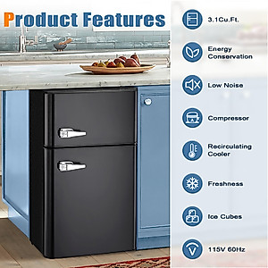 Antarctic Star Mini Fridge 3.1Cu.Ft Compact Refrigerator 2-Doors Freezer Low Noise Defrost Storage of Beverages Vegetables Fruits Kitchen Living Room Office Dormitory Black