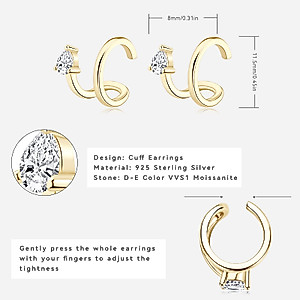 AINUOSHI Ear Cuff Earrings for Women Moissanite Earrings Non-Piercing Clip On Cartilage, 925 Sterling Silver with 14K Yellow Gold Plated, Hypoallergenic, Jewelry Box Packed