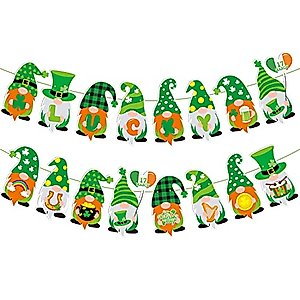 JKQ St. Patrick's Day Gnomes Banner Saint Patrick's Day Lucky Shamrock Beers Gold Coins Gnome Garland Banner Irish Lucky Day Gnome Decorations St. Patty's Day Wedding Birthday Party Supplies