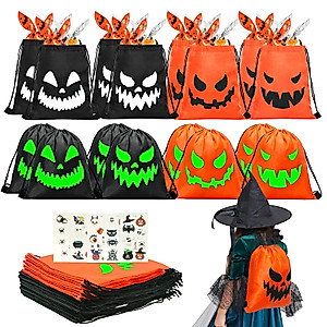 Tinrbip 16 Pcs Halloween Favor Bags, Glow in The Dark Ghost Treat Bags, 11.8 x 13.8 Inch Spooky Face Trick Drawstring Bag, Luminous Goodie Backpack Bags for Classroom Halloween Party Supplies
