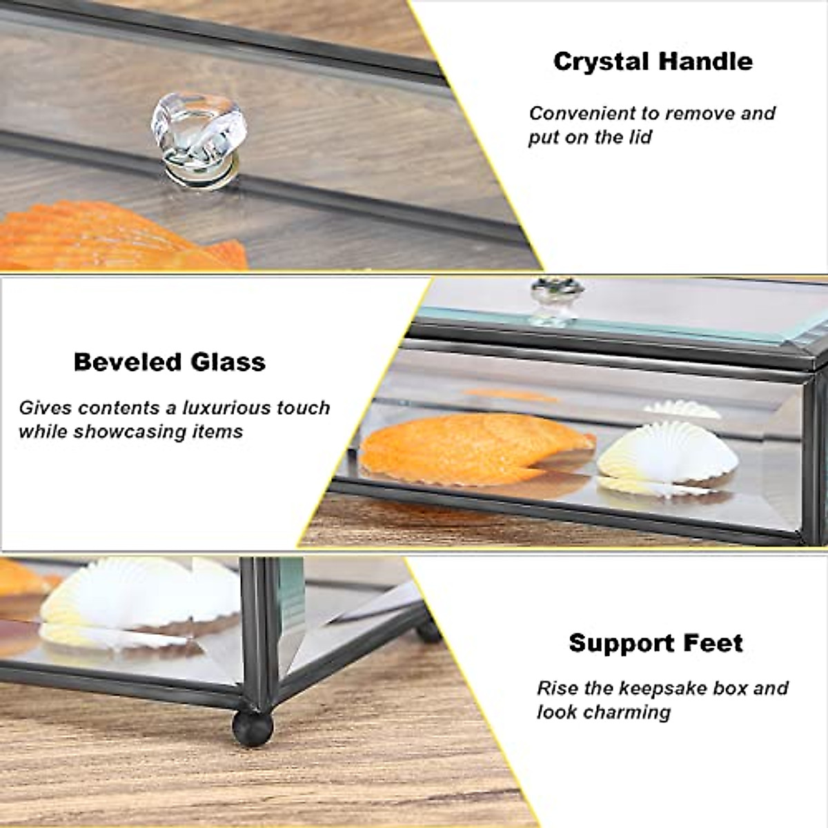 JUXYES Clear Glass Jewelry Box With Lid, Beveled Glass Keepsake Box Transparent Jewelry Organizer Box Modern Thickened Glass Vanity Decorative Box Personalized Countertop Trinket Box Organizer