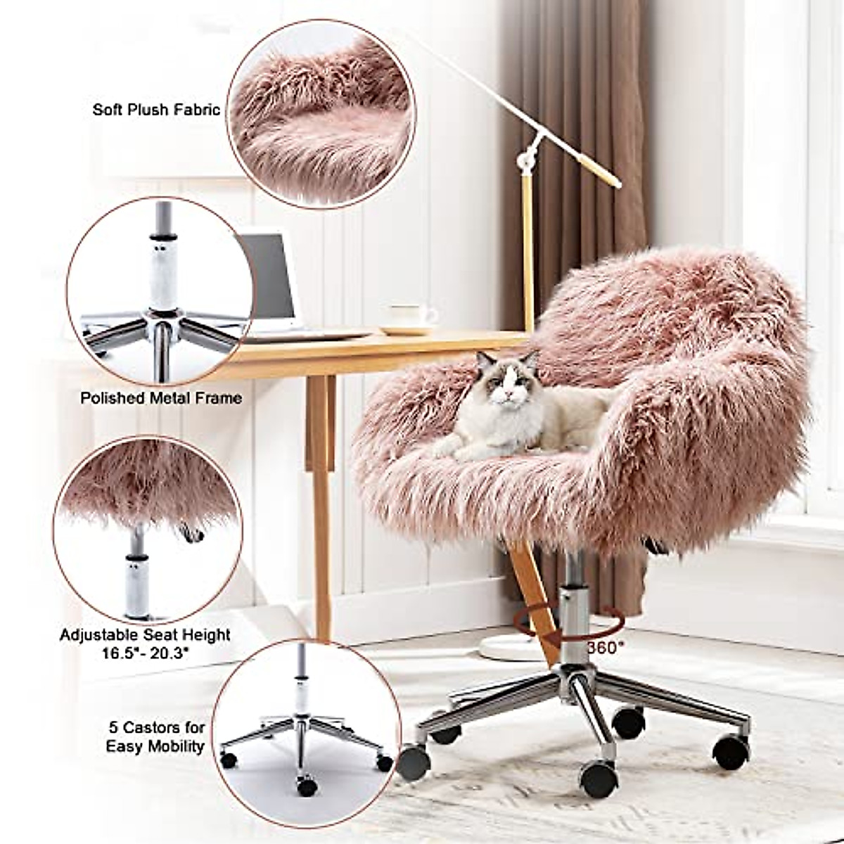 DKLGG Fluffy Office Desk Chair, Faux Fur Modern Desk Chairs with Wheels Upholstered Seat, Vanity Accent Height Adjustable Swivel Furniture for Home Living Dressing Room/Makeup/Teen Girls Bedroom, Pink
