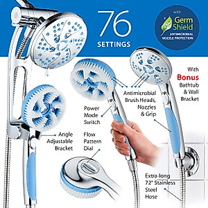 High Pressure 6-in-1 Aquassage by AquaCare - 76-mode 3-way Combo, Showerhead, Hand Shower, Body Brush, Hair Brush & Arm in One! Two Brackets, Extra-long 6 foot Stainless Steel Hose, Brush Head Holder