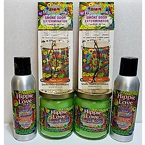 Smoke odor Exterminator Hippie Love Includes Two 13 oz Jar Candles Two 7 oz Spray & Two Car Hangers All in One Bundle.