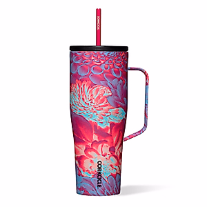 Corkcicle Cold Cup XL Insulated Tumbler with Handle, Lid, & Straw, Dopamine Floral, 30 oz – Reusable Cupholder Friendly Water Bottle Keeps Drinks Cold 12hrs