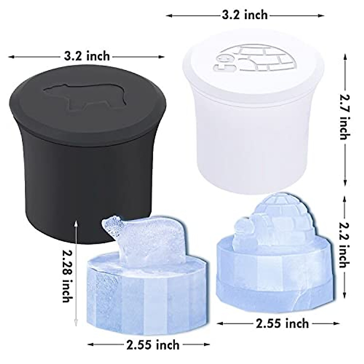 Webake Silicone Individual Ice Mold, 3D Polar Bear Ice Mold Igloo Icehouse Fun Ice Cube Molds with Lid, 4 Pack Round Ice Ball Molds for Whiskey, Cocktails and Juice Beverages