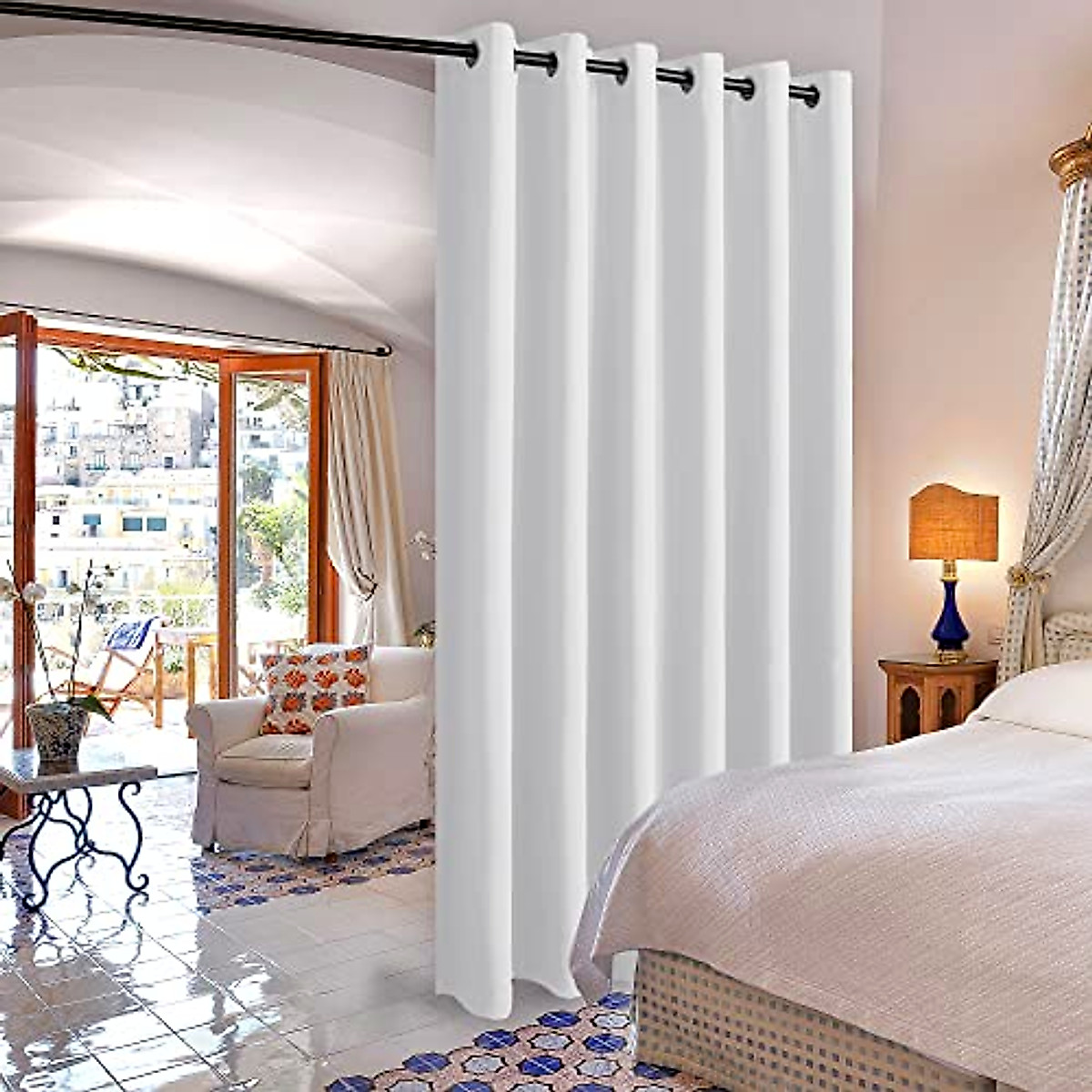 DWCN White Room Divider Curtain for Extral Wide Windows -Blackout Total Privacy Divider for Patio Door, Share Bedroom Office Space, 1 Grommet Curtain Panel, 8.3ft Wide x 7ft Tall, Greyish White