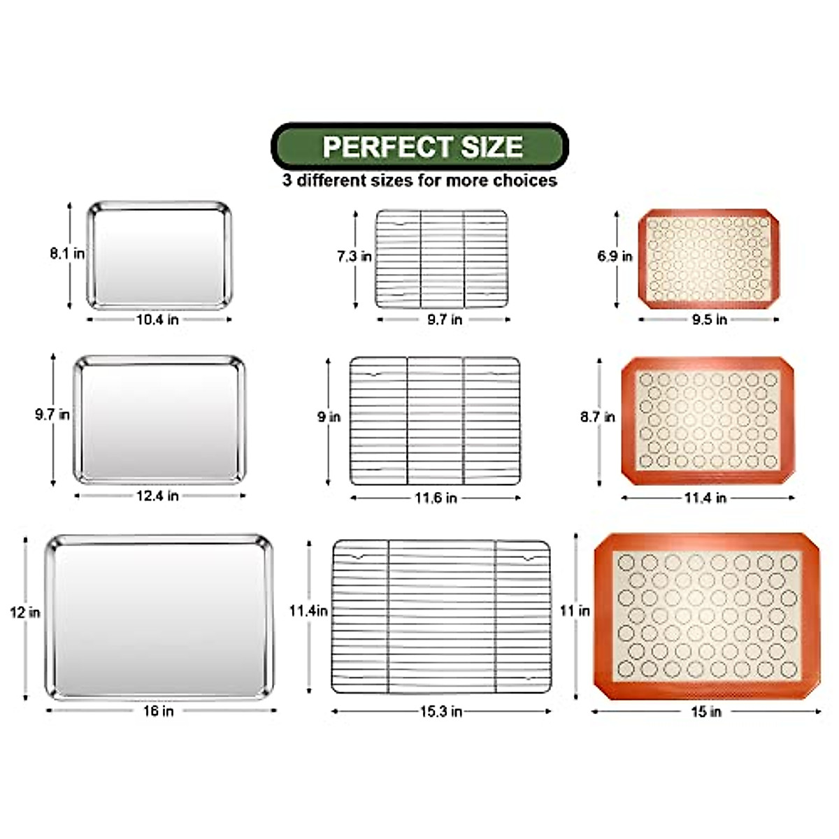 Baking Sheet Tray Cooling Rack with Silicone Mat Set, Stainless Steel Cookie Pan For Oven, Set of 9 (3 Sheets + 3 Racks Mats), Warp Resistant & Heavy Duty Easy Clean