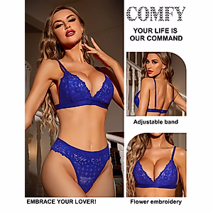 RSLOVE Lingerie for Women Sexy Floral Lace Bra and Panty Sets Two Piece Babydoll Blue Small