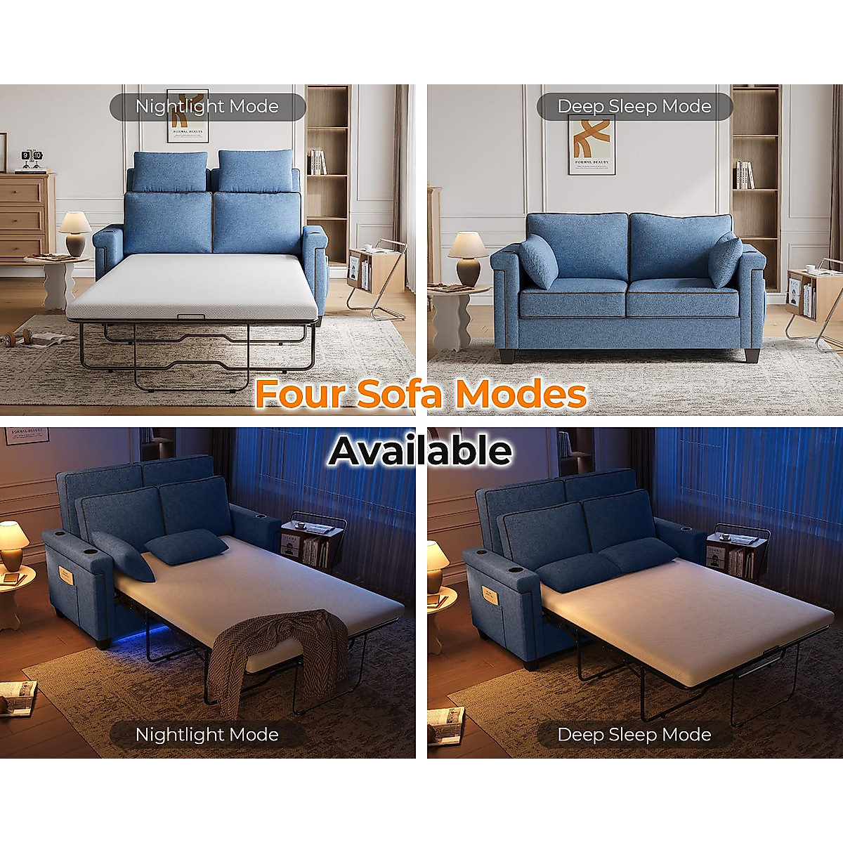 Fadware Pull Out Sofa Bed, Twin Size Sleeper Sofa Couch with Memory Foam Mattress, 2 in 1 Convertible Pullout Couch Bed with USB Charging Ports for Compact Living Space, Apartment, Office, Blue