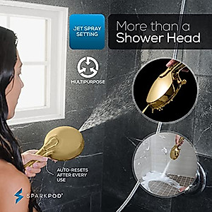 SparkPod 5 Inch 9 Spray Setting Shower Head - Handheld High Pressure Jet with On/Off Switch, Pause and Waterfall Setting- Premium ABS Removable Handheld Shower Head with Hose (Gold)
