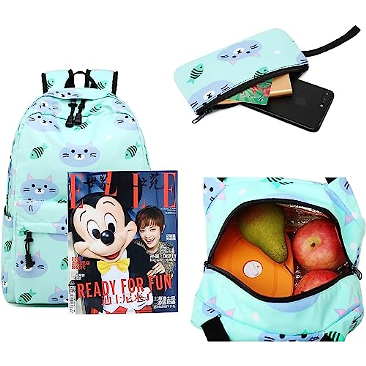 Backpack for School Girls Kids Bookbag Set Water Resistant School Bag with Insulated Lunch Bag (Cat-Water Blue)