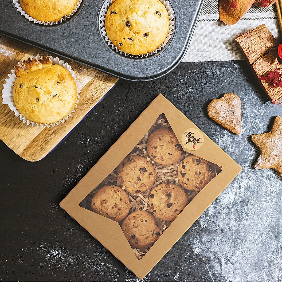 Eupako 8x6x2.5" Cookie Boxes with Window, Brown Gift Boxes for Presents , Auto Pop up Gift Box, Kraft Paper Pastry Boxes for Bakery, Cookies, Donuts, Candy - 25 Pack