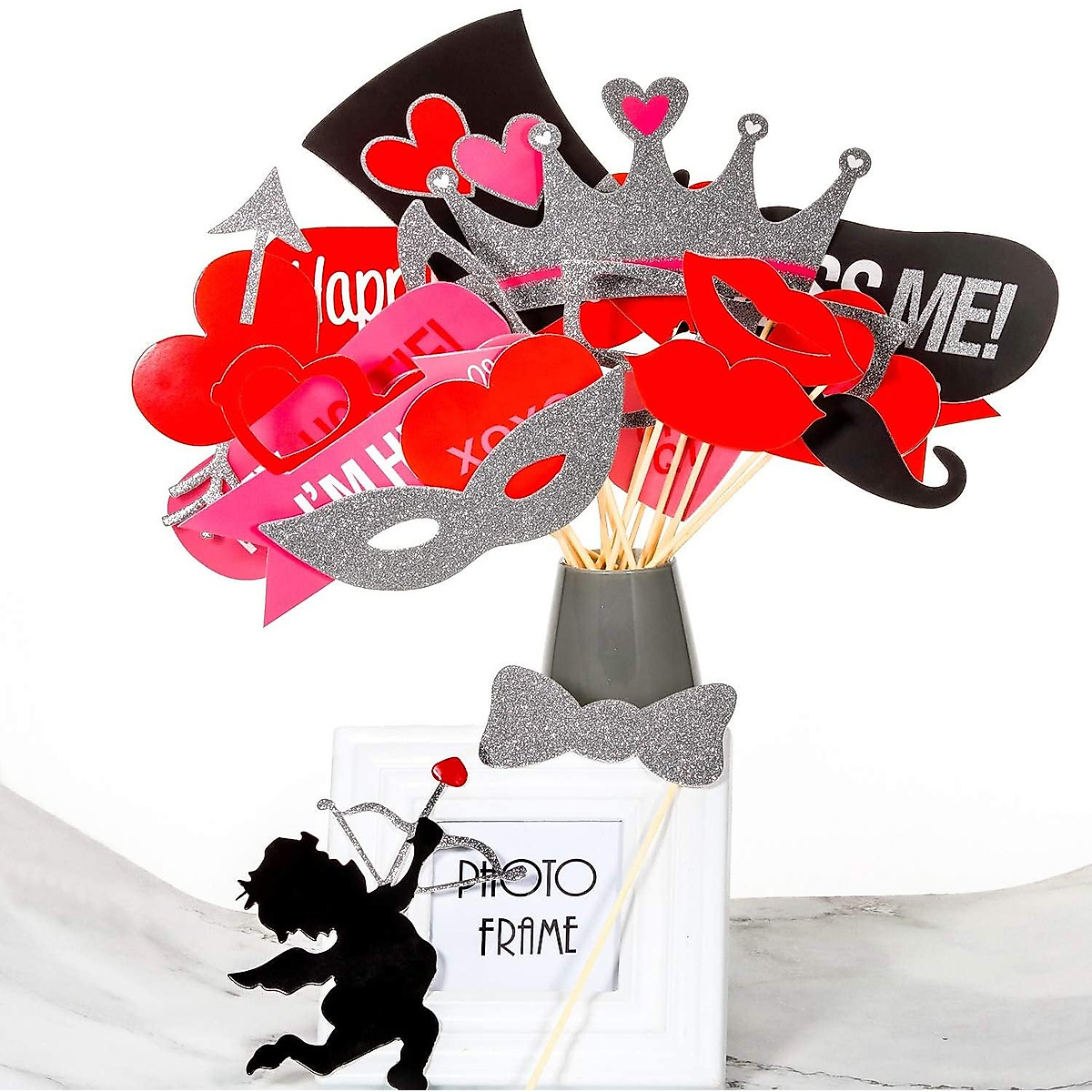 Valentine's Day Photo Booth Props Mustache on Stick Heart Angel with Sticks for Valentine's Day Wedding Bridal Party Supplies