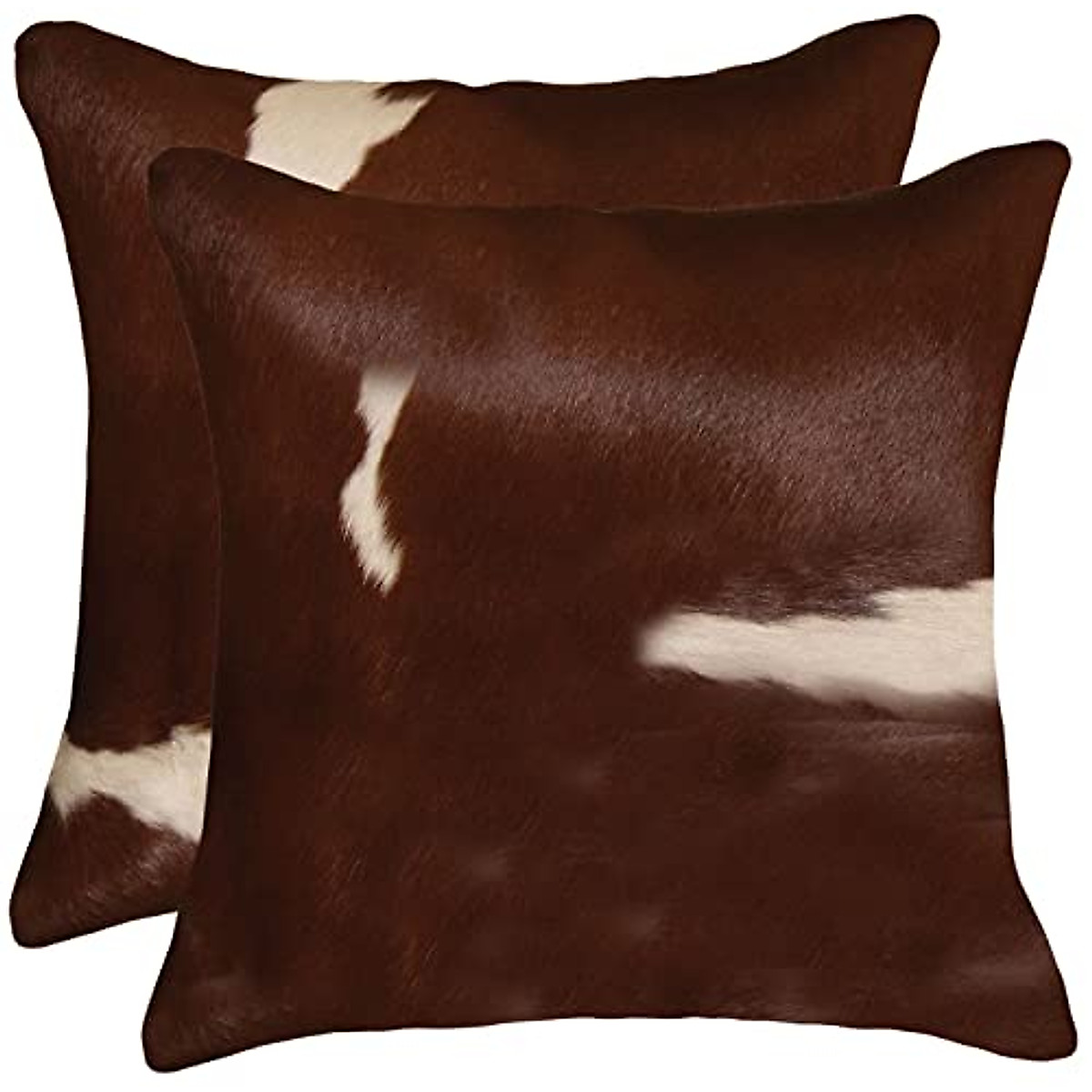 Set of 2, Natural Torino Cowhide Throw Pillows with Poly Insert | Kobe Accent Pillows Handcrafted from 100% Cow Hide, Brown & White, 18 in x 18 in