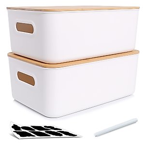 Citylife 2 PCS Storage Bins with Bamboo Lids Plastic Storage Containers for Organizing Stackable Storage Box with Handle, 15.16 x 10.79 x 5.83 inch