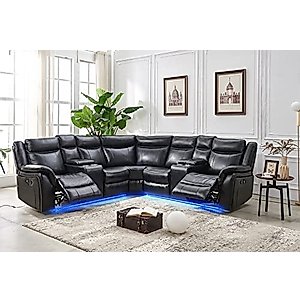 Modern Manual Reclining Motion Corner Sectional Sofa Couch ,PU Leather Upholstered Recliner Sofa & Couch W/ 2 Console Storage, 4 Cup Holders ,USB Ports and LED Stripes for Living Room Furniture Sets